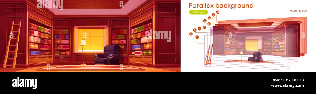 Library interior with bookcases, ladder, chair and lamp. Vector ...