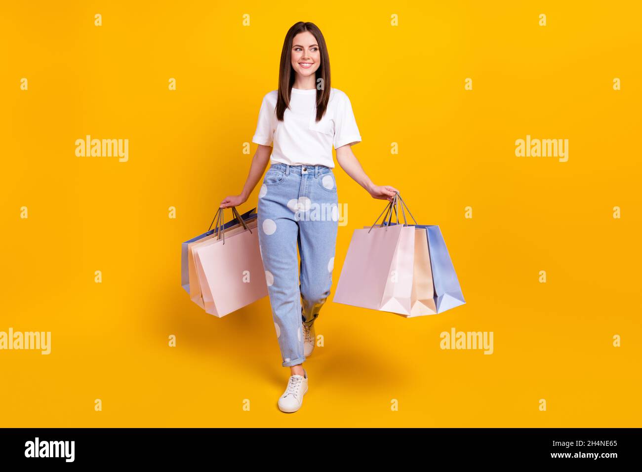 Full size photo of happy good mood smiling positive girl go shopping ...