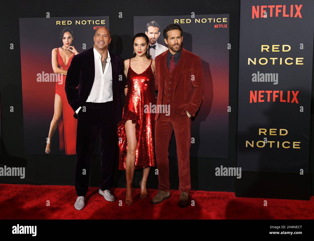 (L-R) Dwayne Johnson, Gal Gadot and Ryan Reynolds at the Netflix's RED ...