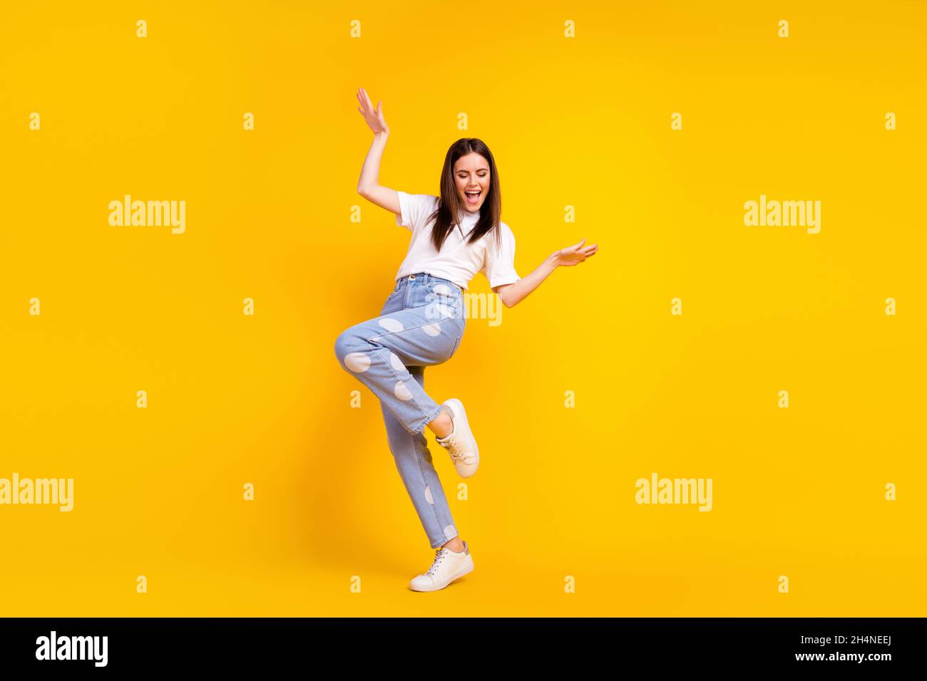Full size photo of young excited girl happy positive smile have fun ...