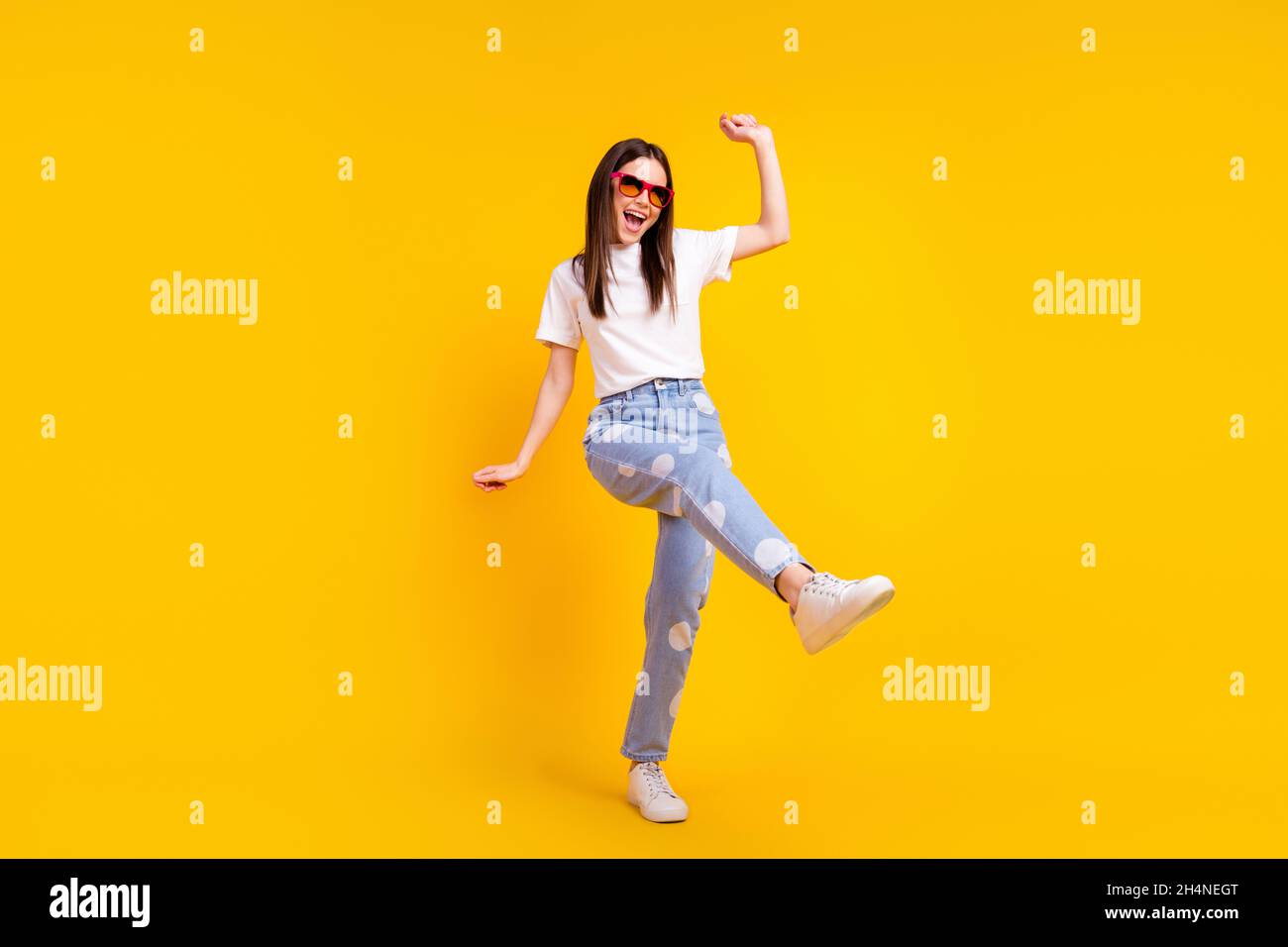 Full size photo of young excited girl happy positive smile have fun ...