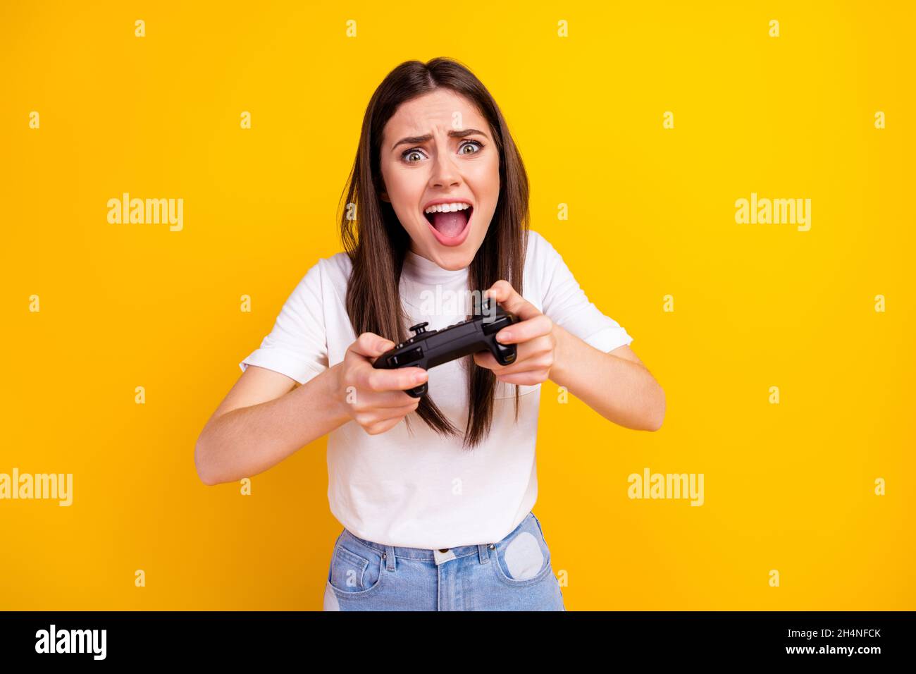 Photo of young girl unhappy play video game joystick angry lose ...