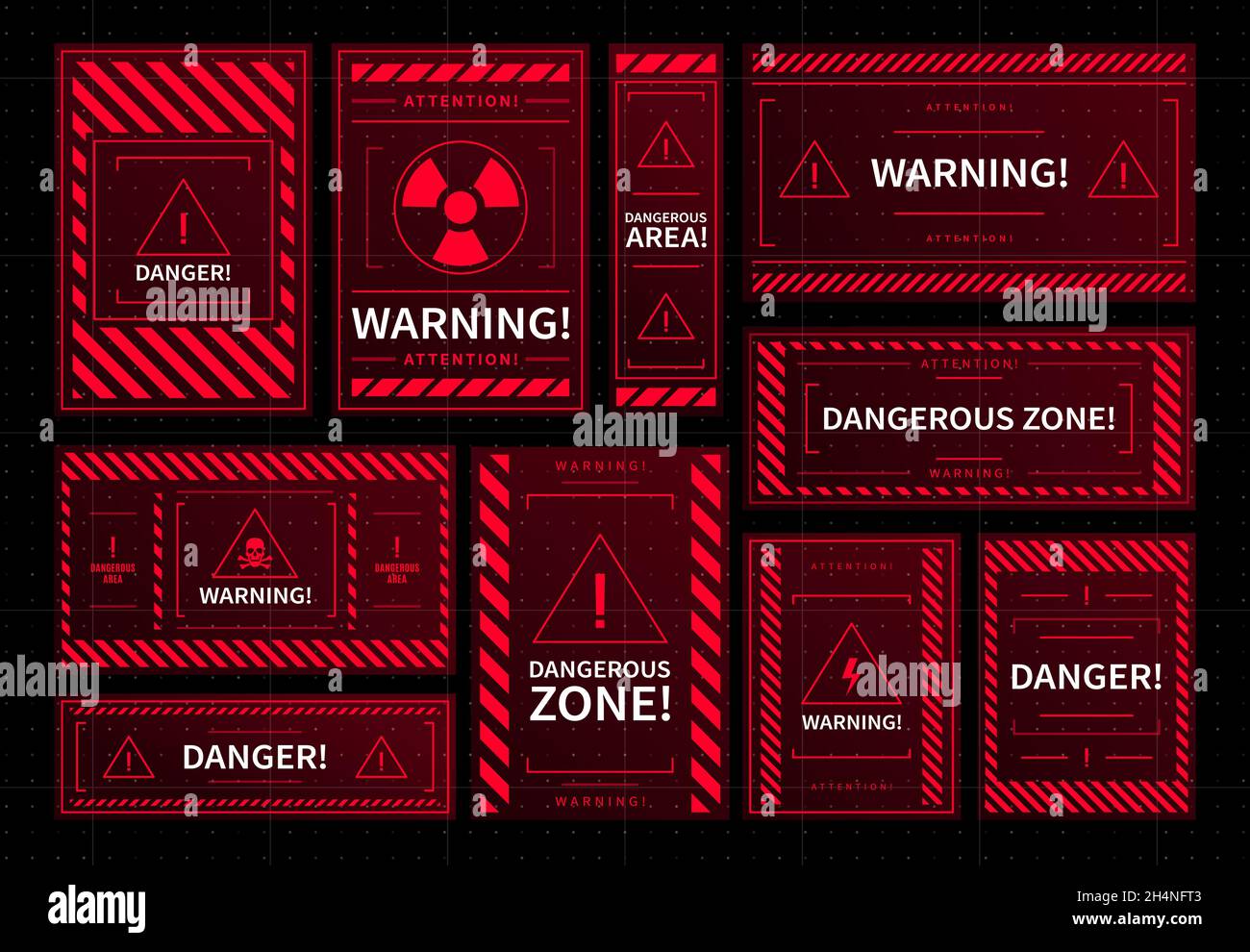Danger and dangerous zone warning red frames. Vector HUD interface caution message holograms ...