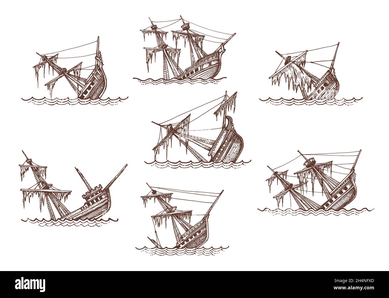 Sunken sailing brigantine, brig, corvette and frigate ship sketches ...