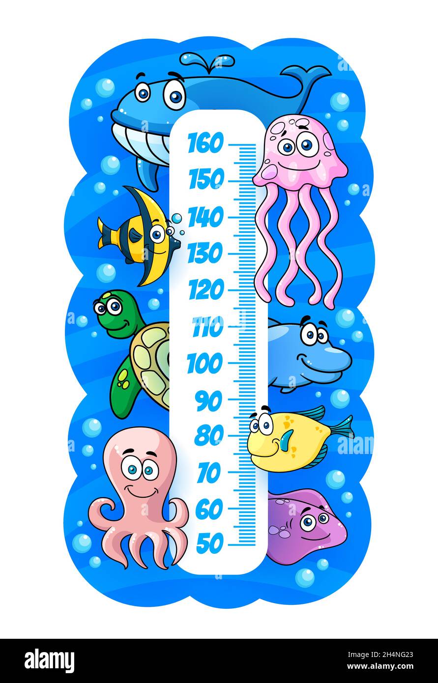 Kids height chart with underwater cartoon sea animals, vector growth ...