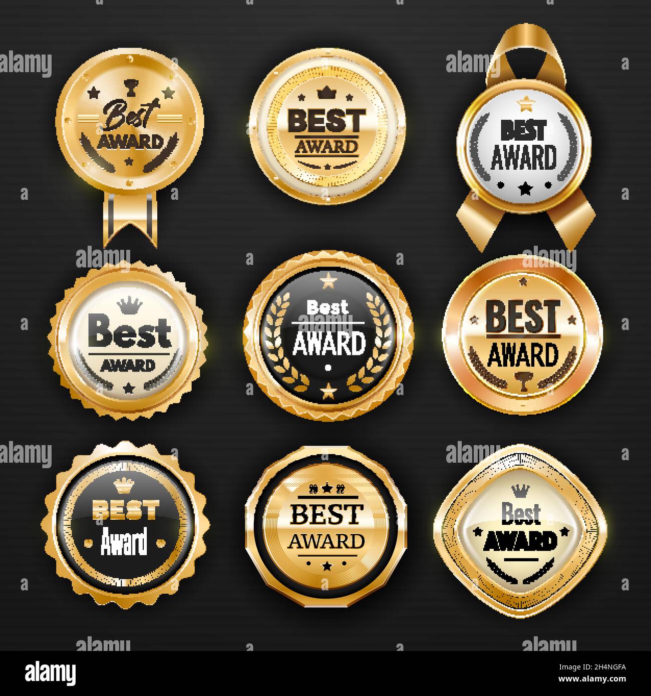 Golden award seals, medals or mark badges and labels with ribbons ...