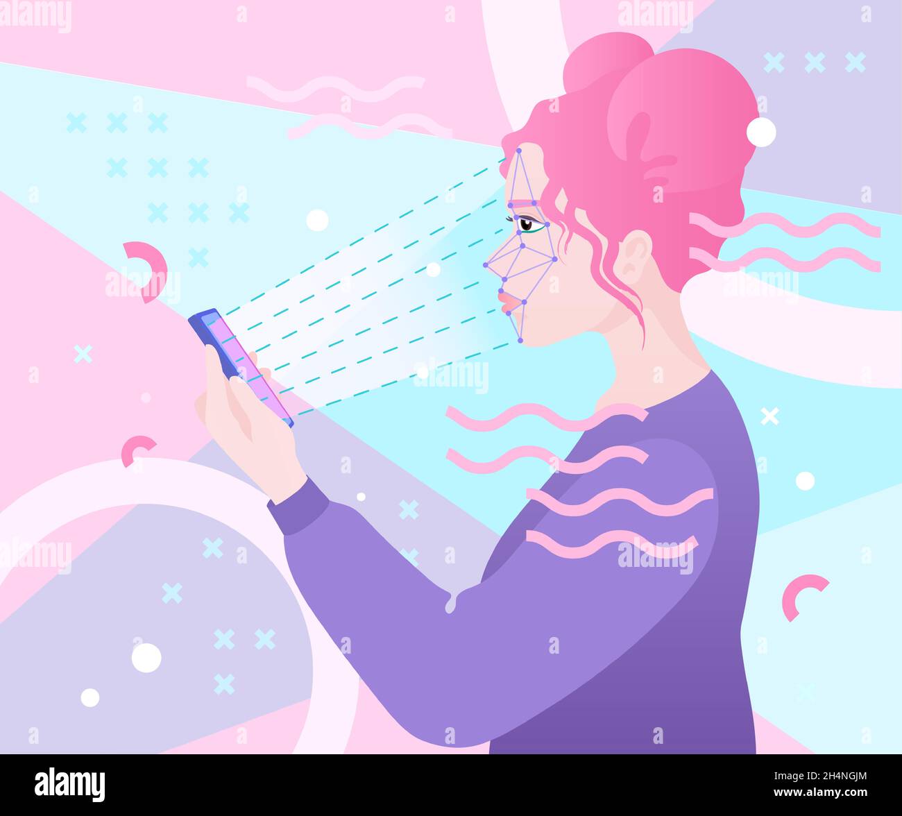 Verification on smartphone - concept. Woman face recognition. Biometric ...