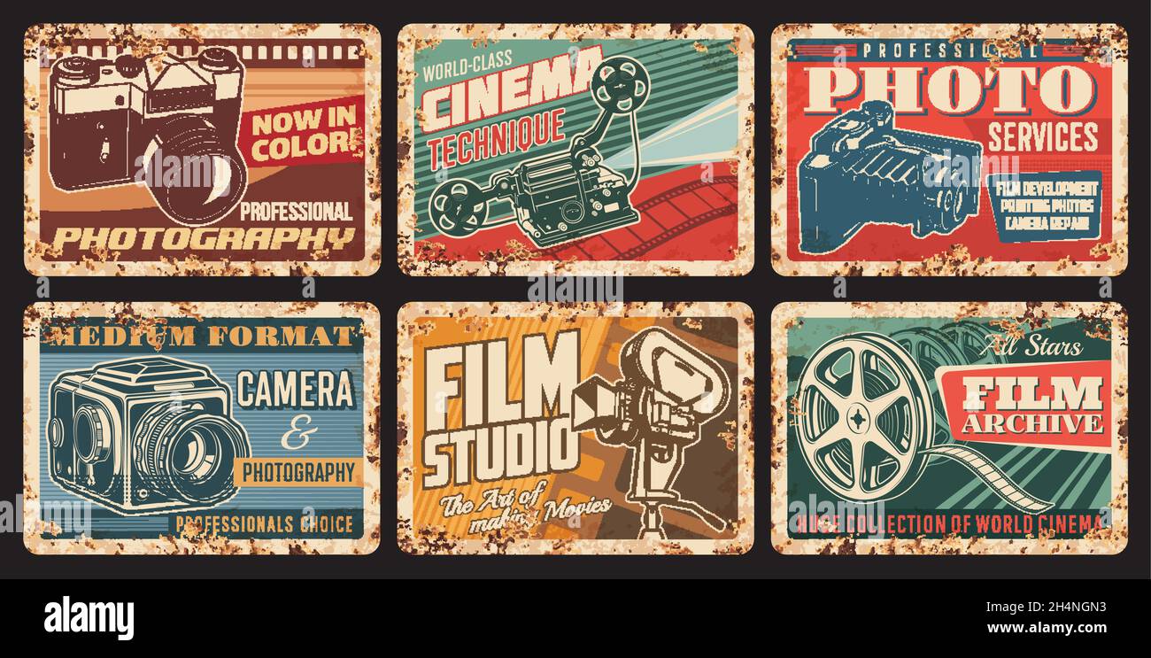 Vintage video and photo cameras rusty plates. Photography service and ...
