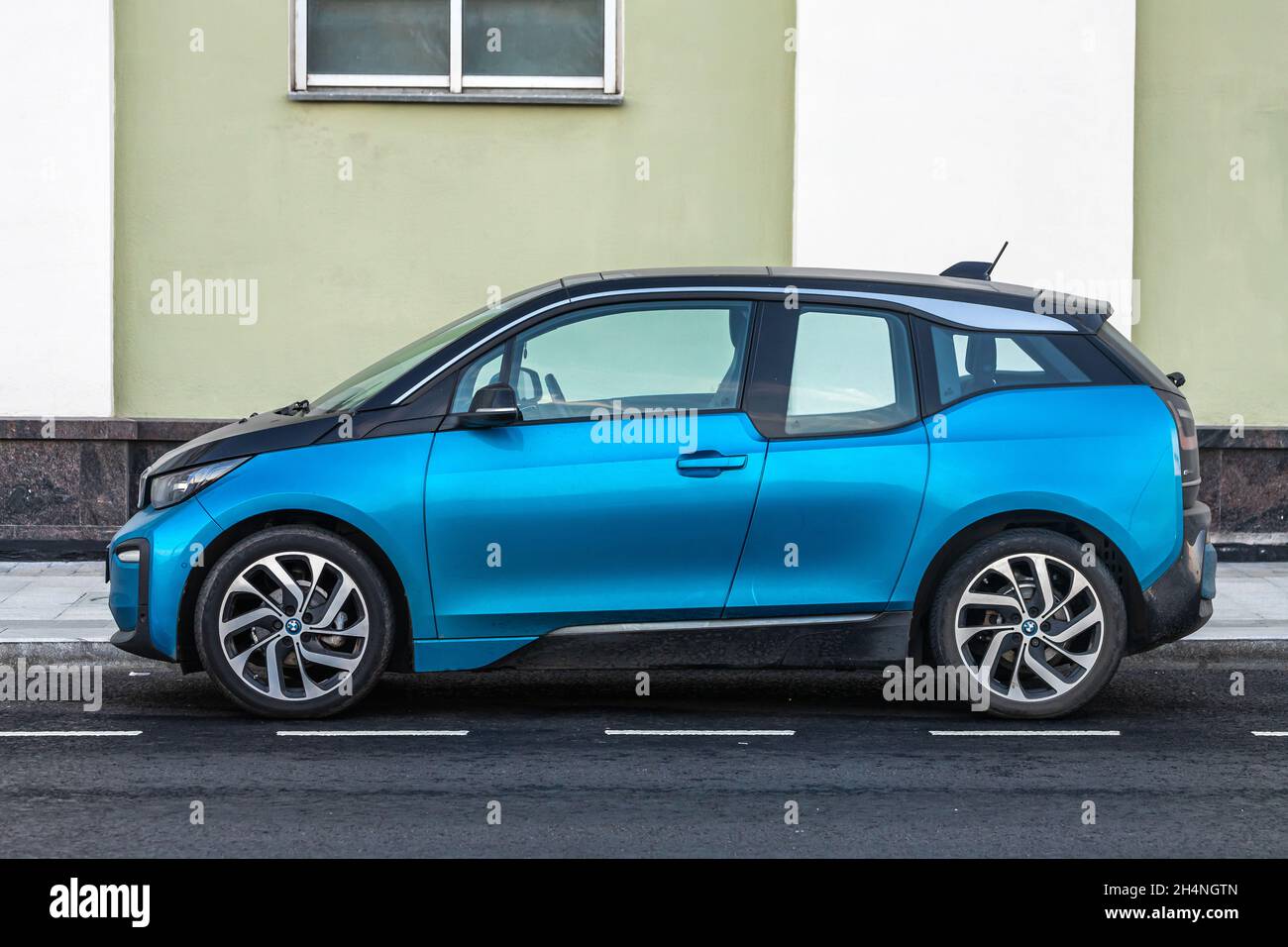 Moscow; Russia - October 15; 2021: blue BMW i3 is parked on the street ...