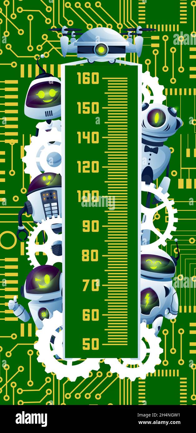 Kids height chart, cartoon robots and circuit board. Cute ai drones and ...