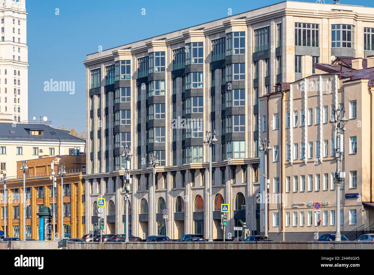 Close-up of a high-rise building of a bright representative of Soviet ...