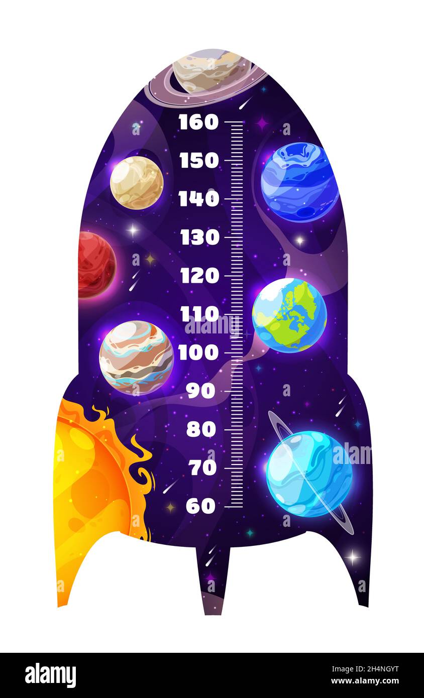 Kids height chart of cartoon space rocket and planets. Vector galaxy ...