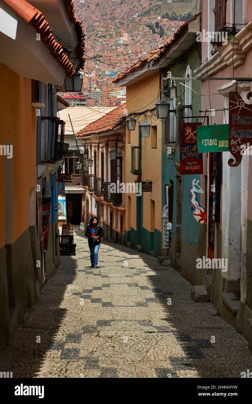 Narrow steep cobbled street of Calle Jaen, La Paz, Bolivia, South ...
