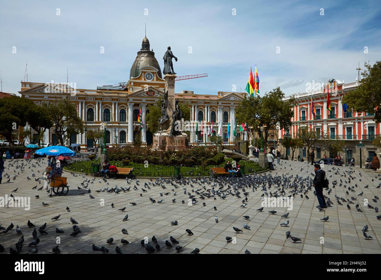 National Congress of Bolivia building, and pigeons in Plaza Murillo, La ...