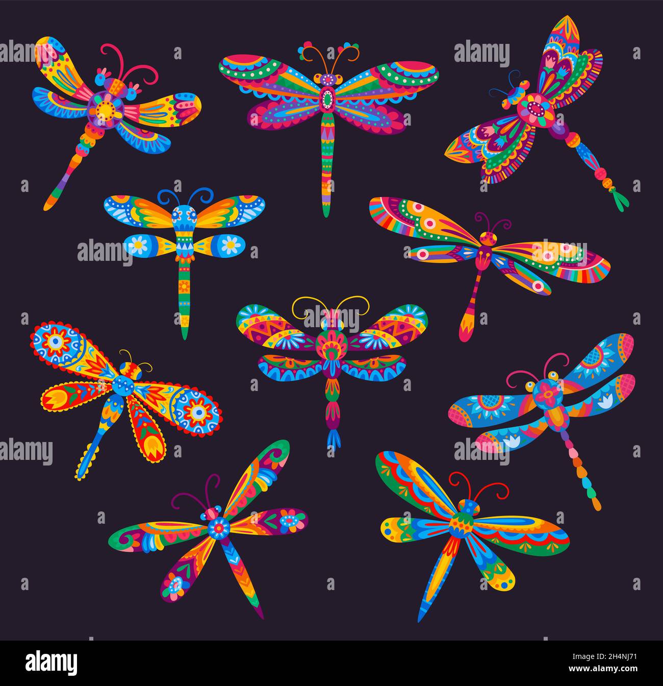 Mexican cartoon bright dragonflies with ethnic floral ornaments. Vector ...