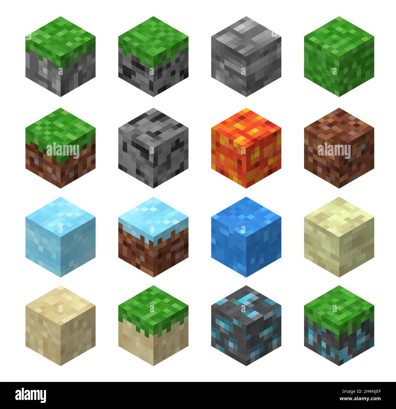 Pixel game blocks of grass, stone, ice and water, sand, lava, coal and ...