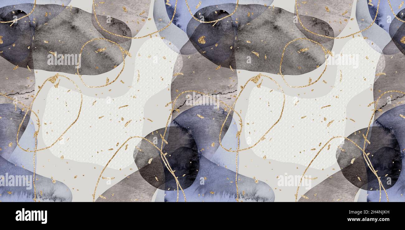 Seamless watercolor abstract organic blob shape overlay with gold lines ...