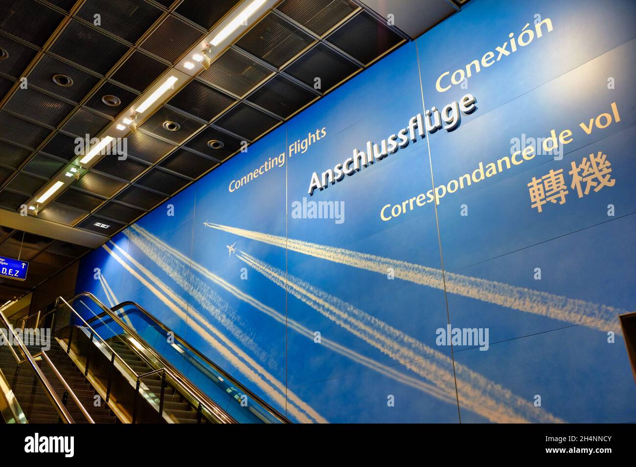 Escalator foyer in an airport with transfer signs Stock Photo - Alamy