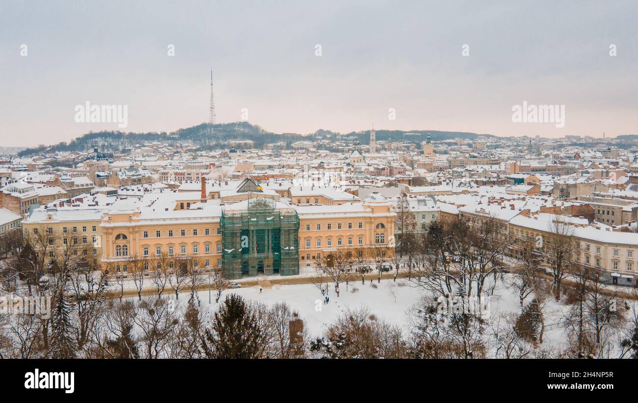 aerial view of lviv park in the center at winter day copy space Stock ...