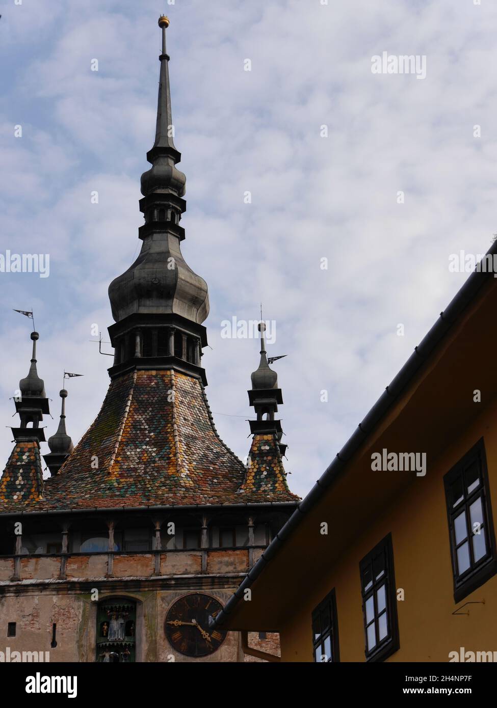 Close up of Clock Tower, Sighisoara, Transylvania, Romania Stock Photo ...