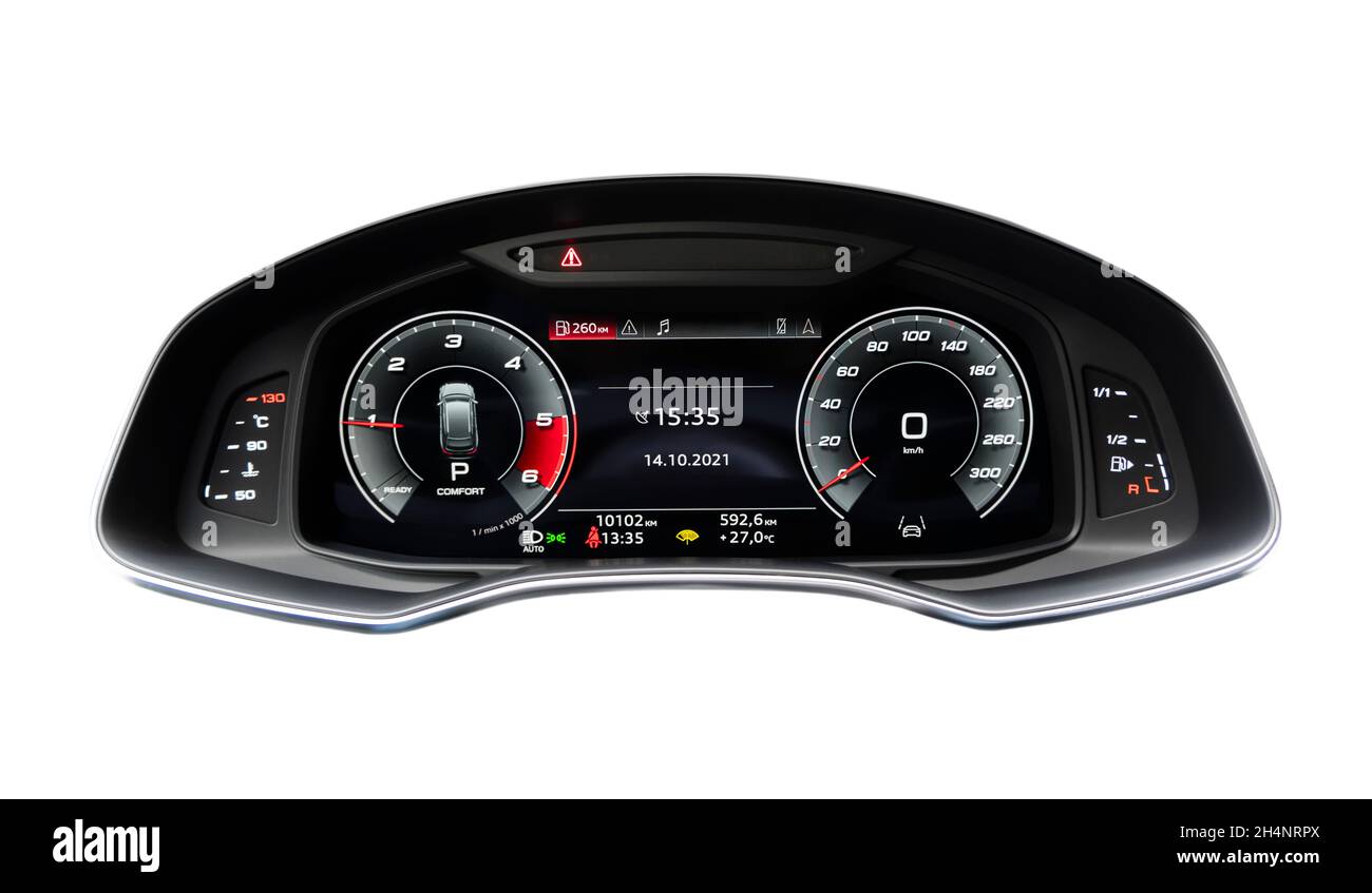 Close up shot of a fully digital speedometer isolated on white ...