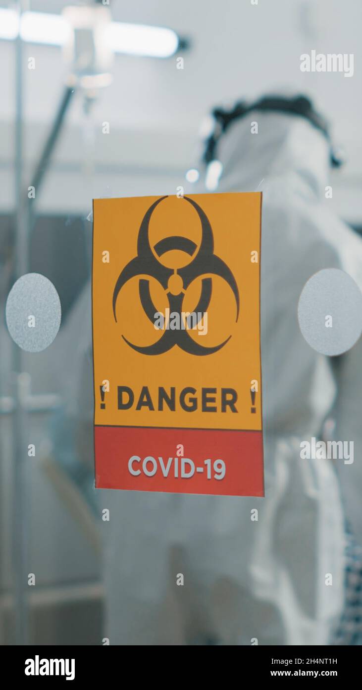Hospital ward in coronavirus quarantine with danger sign. Lockdown area ...
