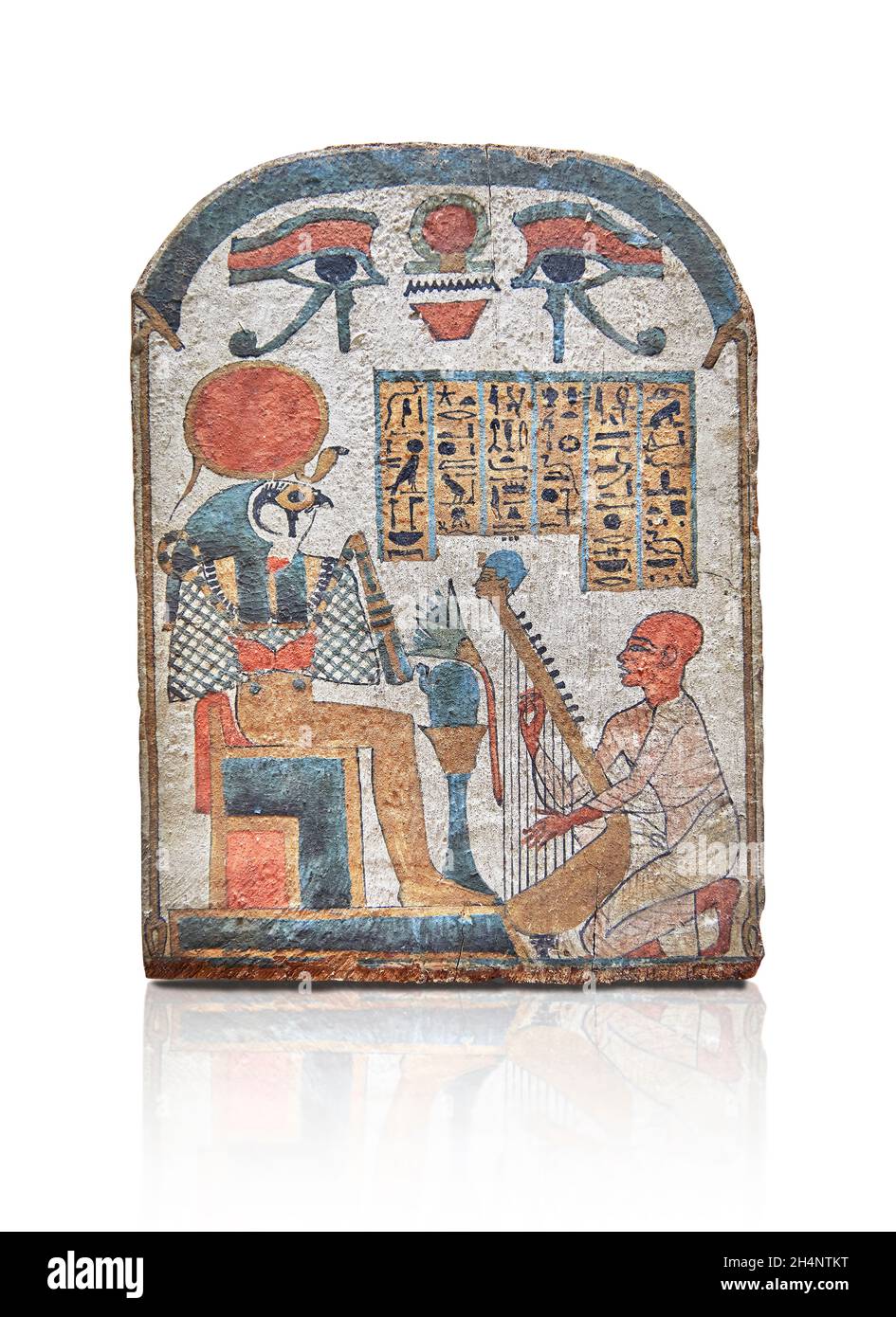 Ancient Egyptian stele of Djedkhonsouiouefankh playing harp before Re ...
