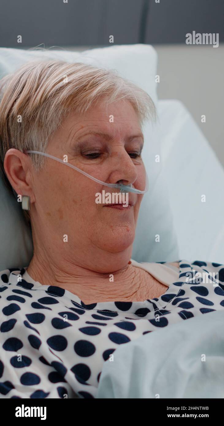 Aged patient with disease receiving visit from nurse while laying in ...