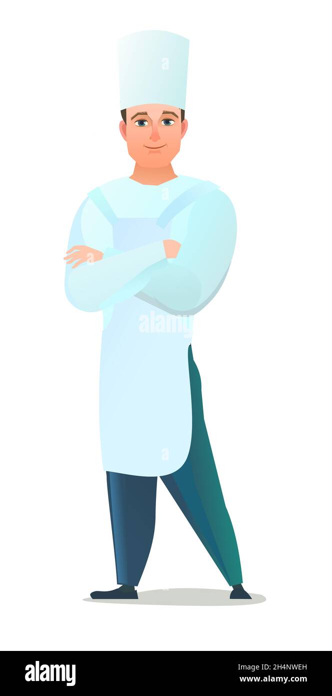 Male cook in overalls. Guy from kitchen in an apron. Cheerful person ...