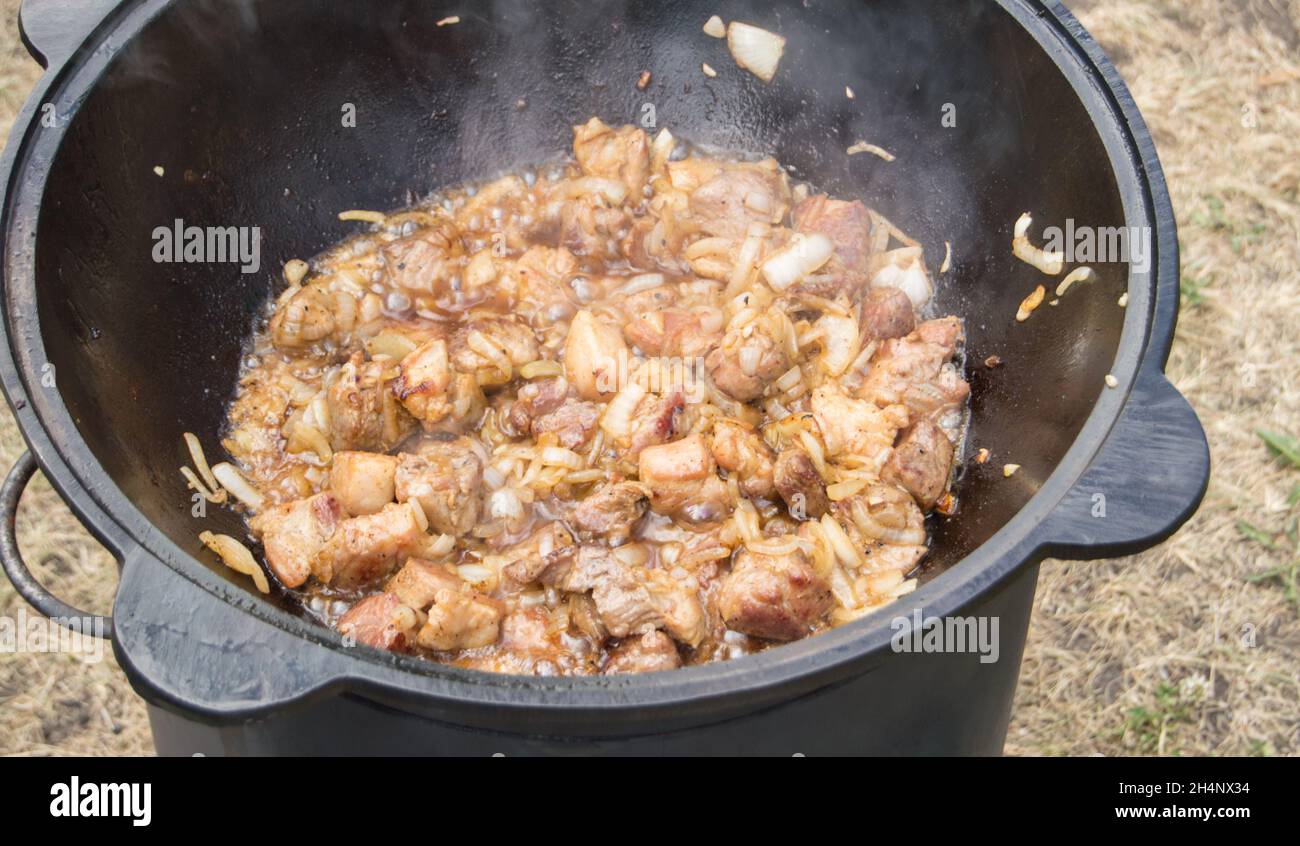 Cooking fried meat in a large frying pan on the stove with an open fire ...