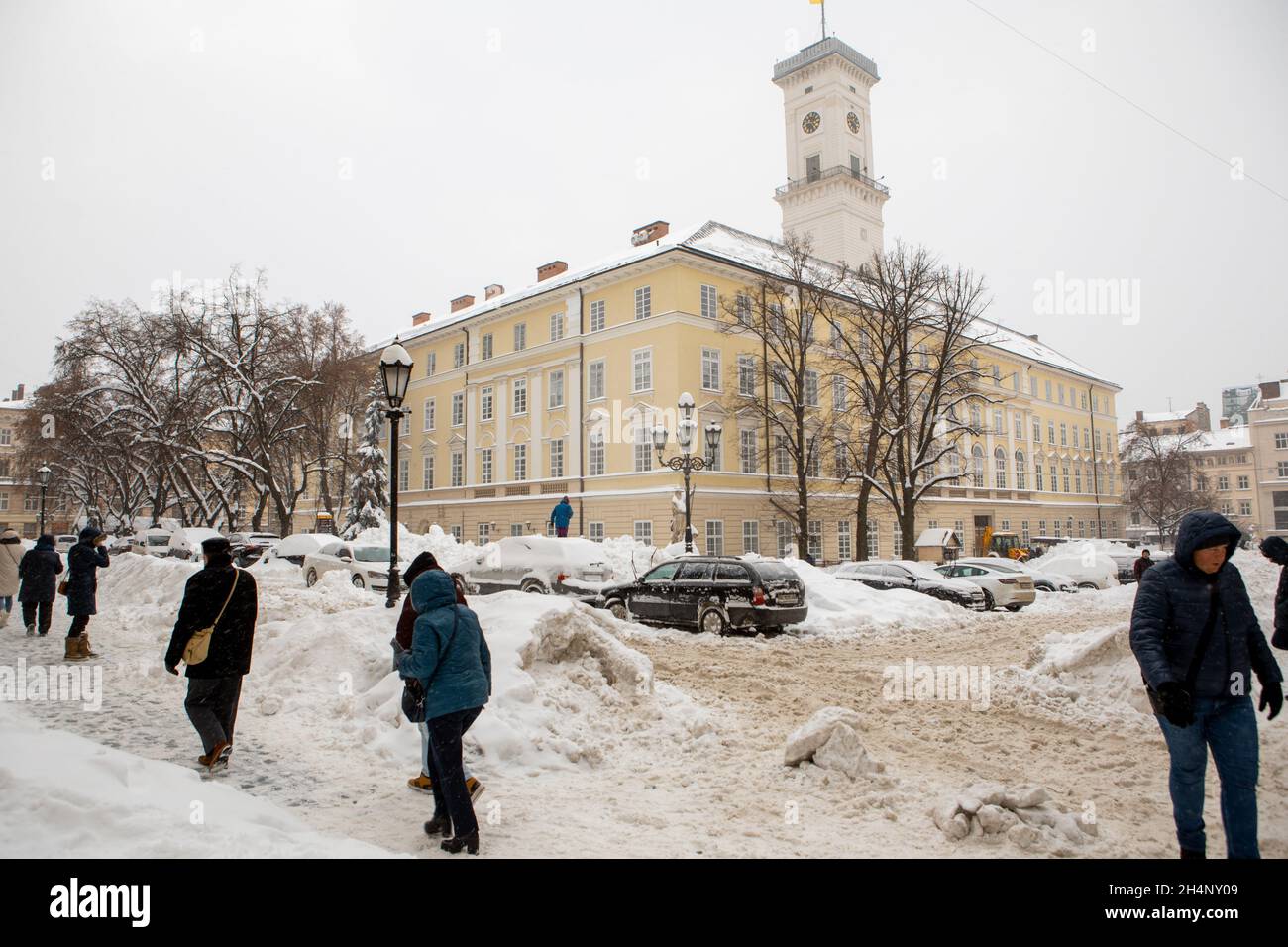 Lviv, Ukraine - February 12, 2021: city streets after snowstorm copy ...