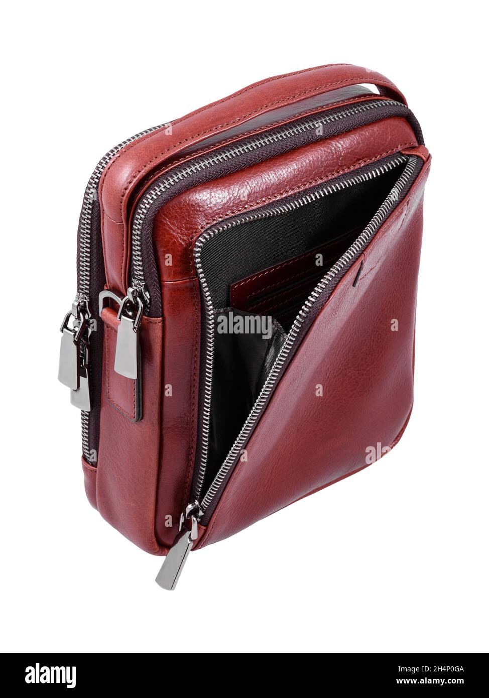 High angle of opened men s handbag made of red genuine leather placed ...