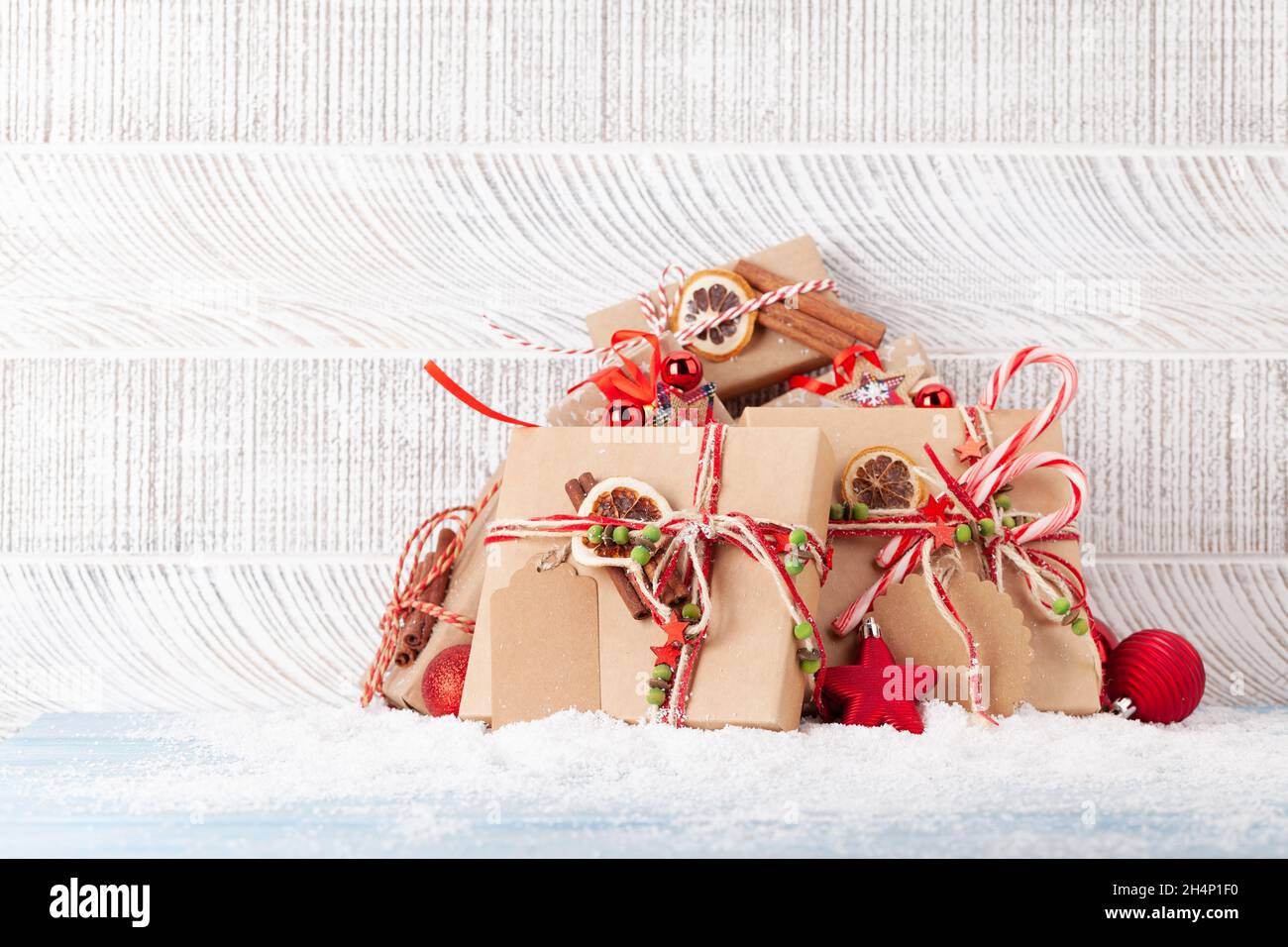 Christmas gift boxes with craft decor. With space for your greetings ...