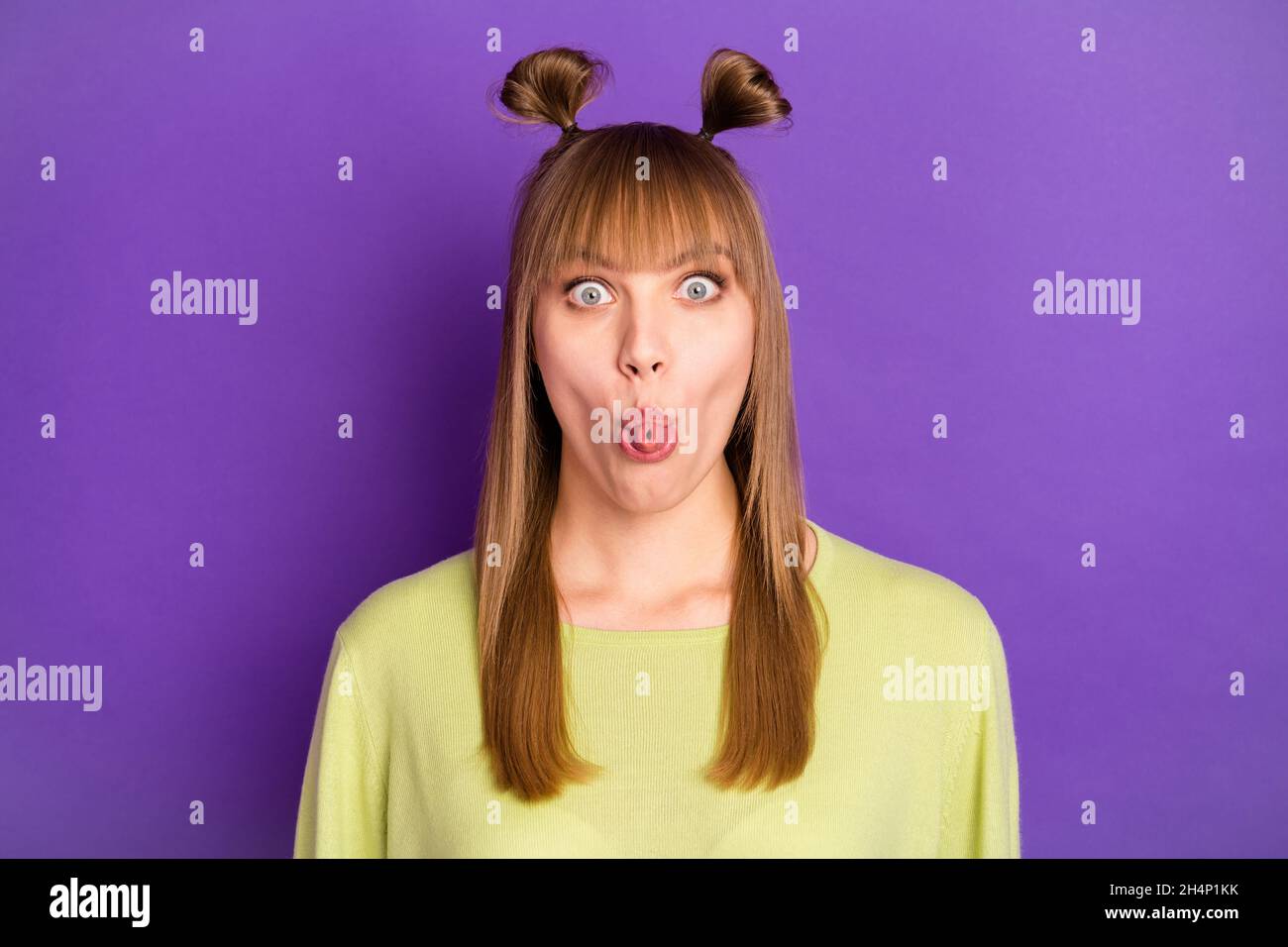 Photo of funny funky young attractive woman make funny face good mood ...