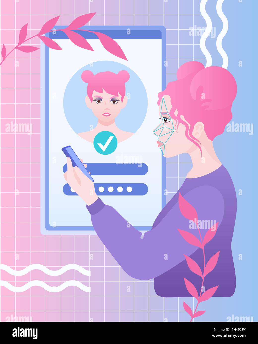 Concept of verification on smartphone. Face recognition of woman by ...