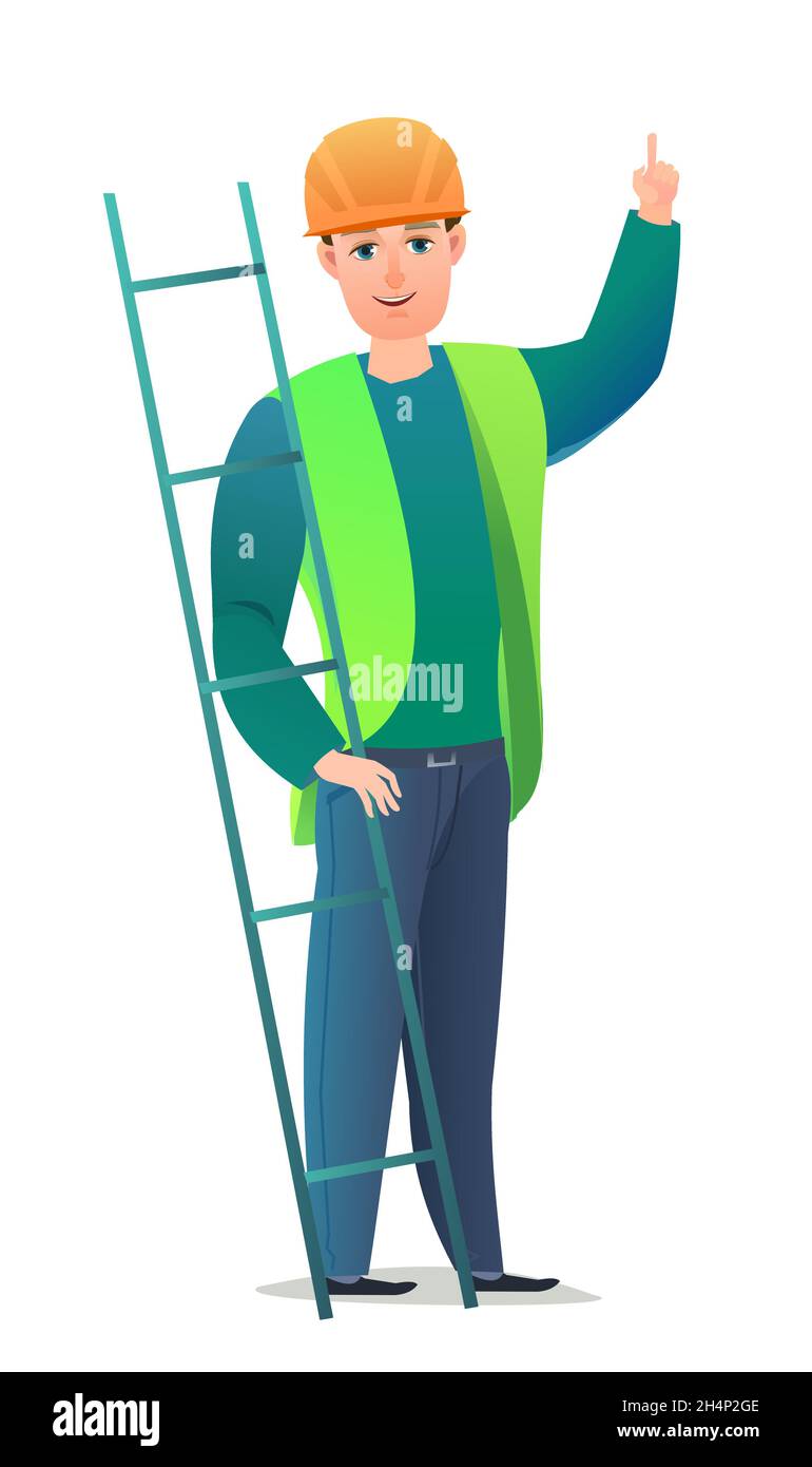 Man builder in vest and protective helmet. Guy worker. Cheerful person ...