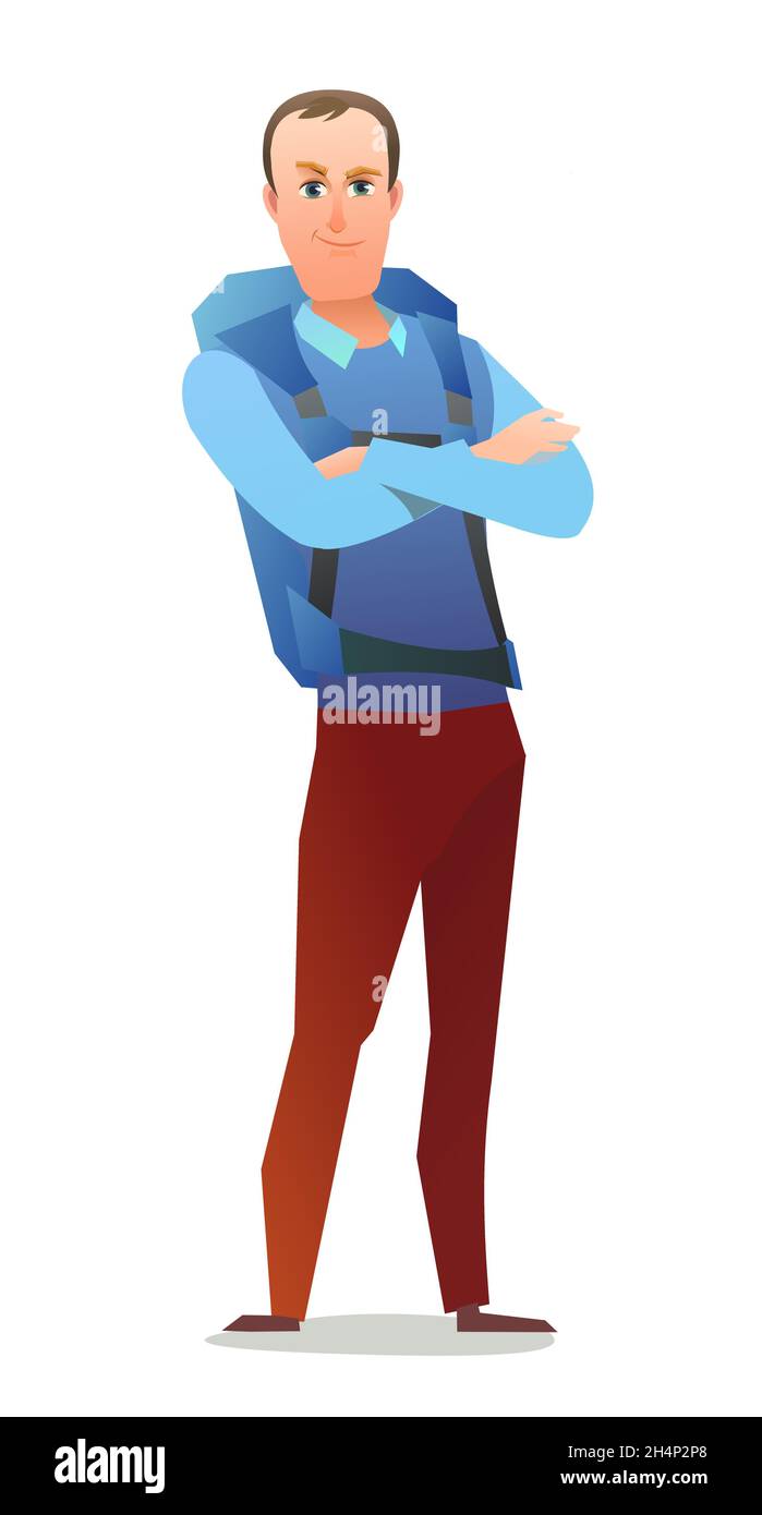 Man tourist backpacker. Guy with backpack on his back. Cheerful person ...