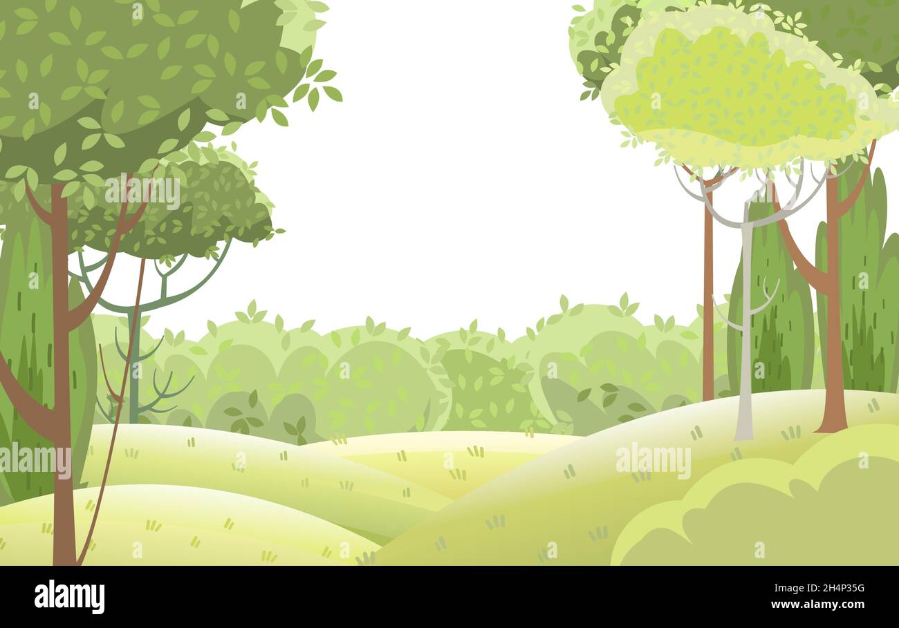 Amusing Beautiful Forest Landscape Summer Cartoon Style Grass Hills