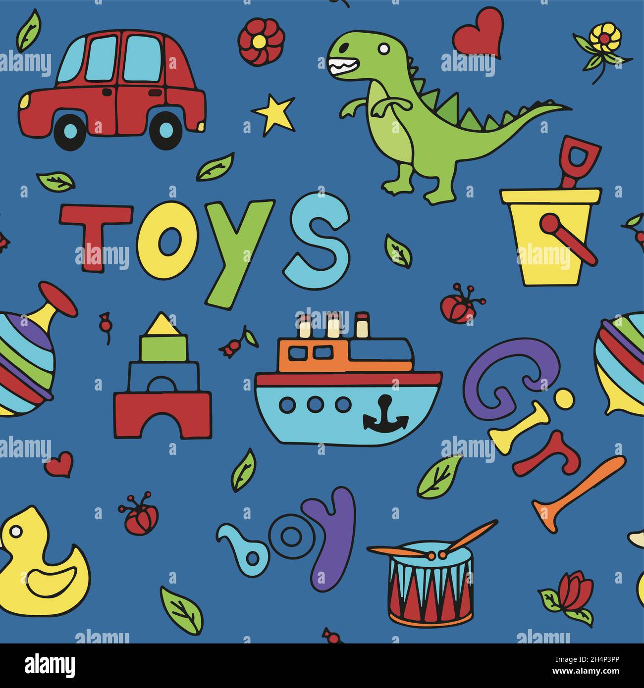 Vector doodle seamless pattern with toys. Hand draw collection of toys ...
