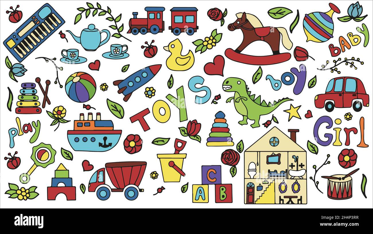 Vector toys doodle stickers set. Hand draw collection of toys icons for ...