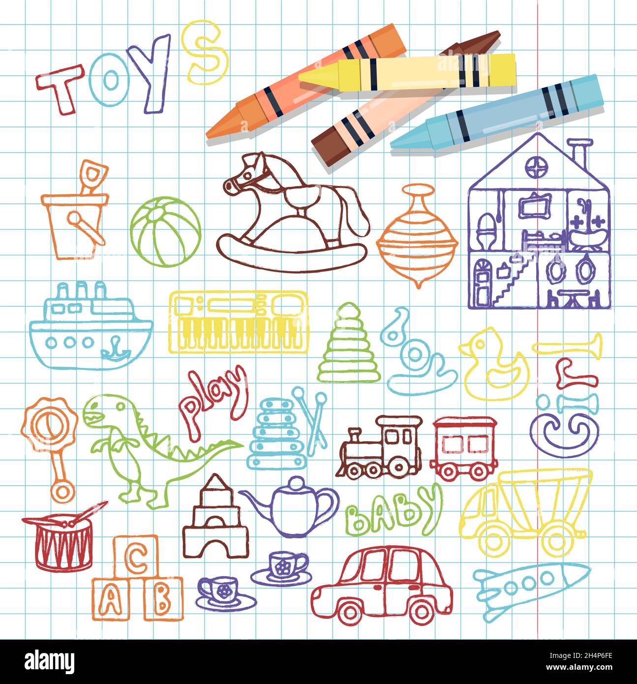 Vector toys doodle stickers set. Hand draw collection of toys icons for ...