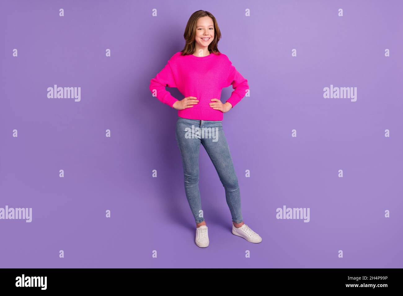 Full size photo of young happy cheerful positive smiling girl wear pink ...