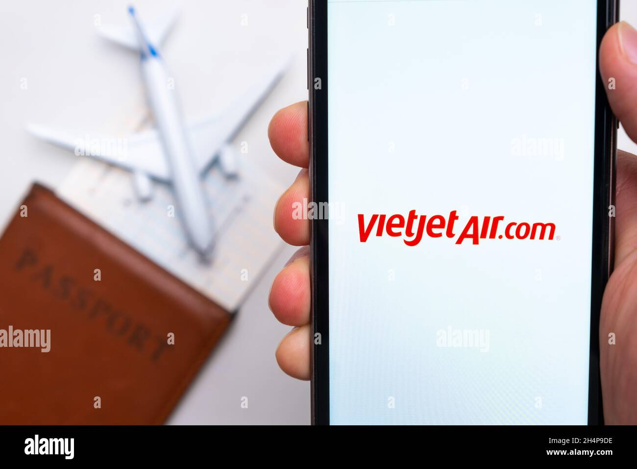 Vietjet air airlines company app or logo displayed on a mobile phone ...