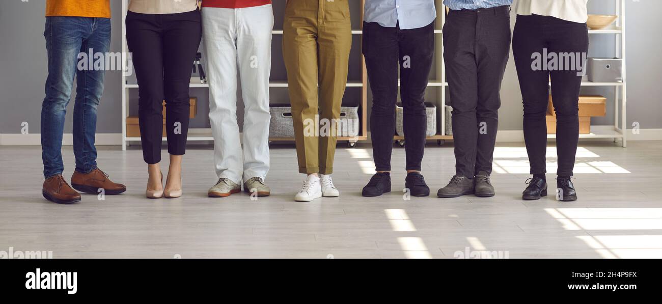Banner with team of people standing in row in company office, cropped ...