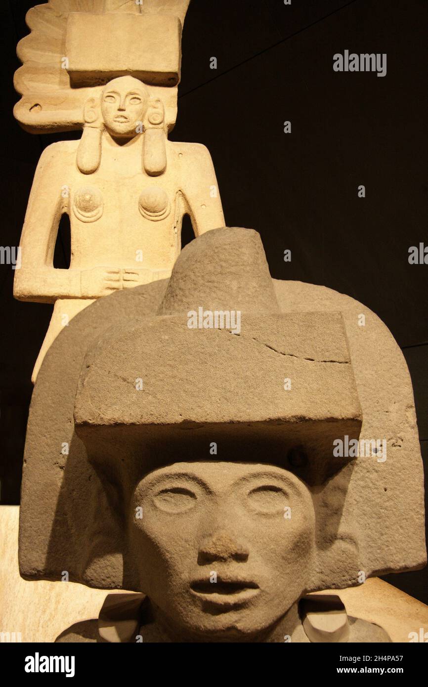 Stone statues of Huaxtec female deities from pre-Columbian Mesoamerica ...