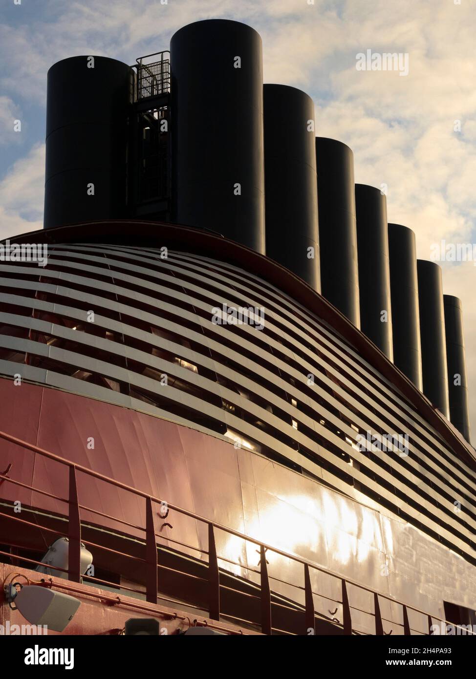 Superstructure and funnels of a liner at sea. One of the oddities of ...