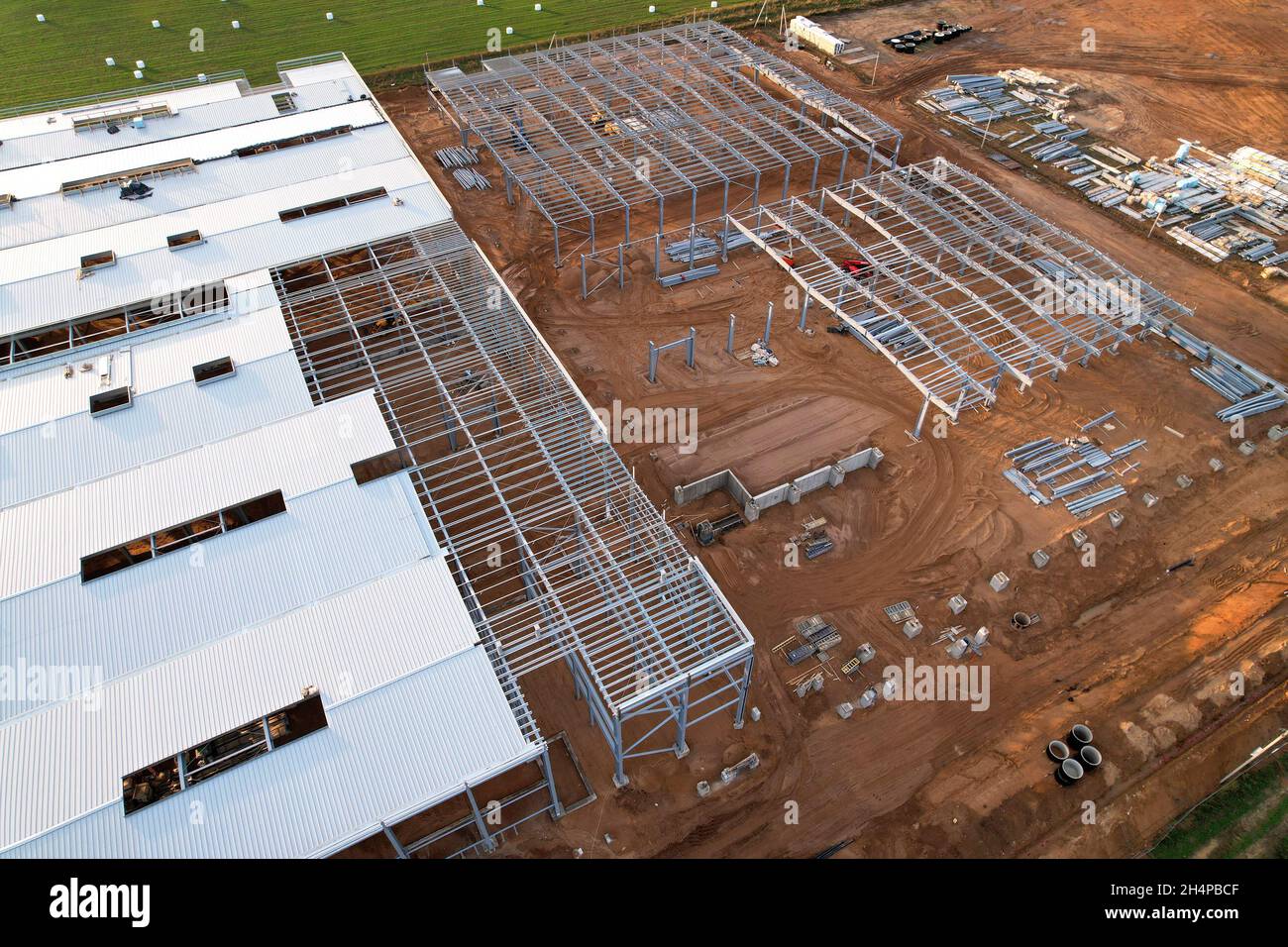 Warehouse Construction from metal structure. Industrial building on ...