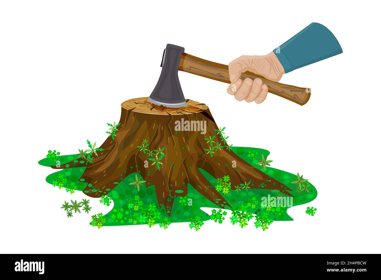 Tree stump and hand with axe isolated on white background ...