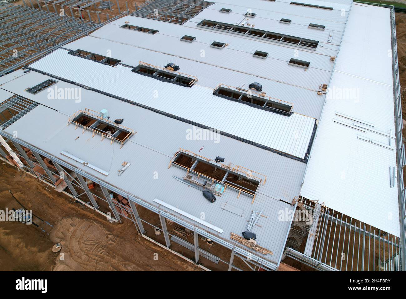 Warehouse Construction from metal structure. Industrial building on ...