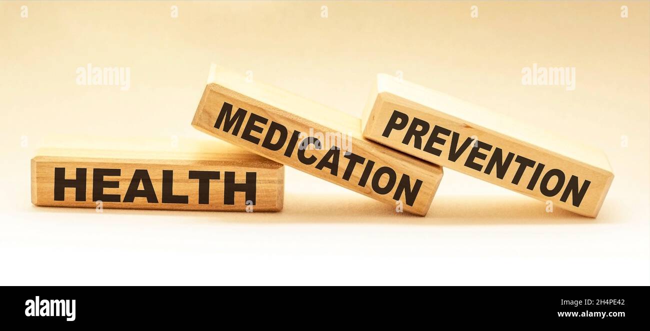 The text on the wooden blocks health, medication, prevention Stock ...